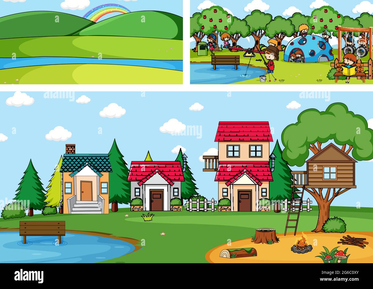 Set of different horizontal scenes background with doodle kids cartoon ...