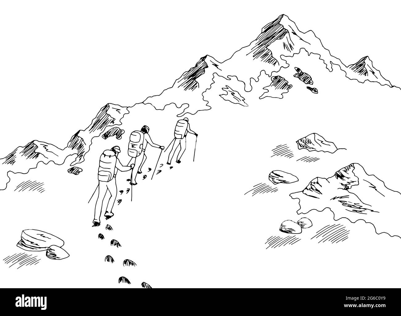 Climbers climb the mountain graphic black white landscape sketch ...