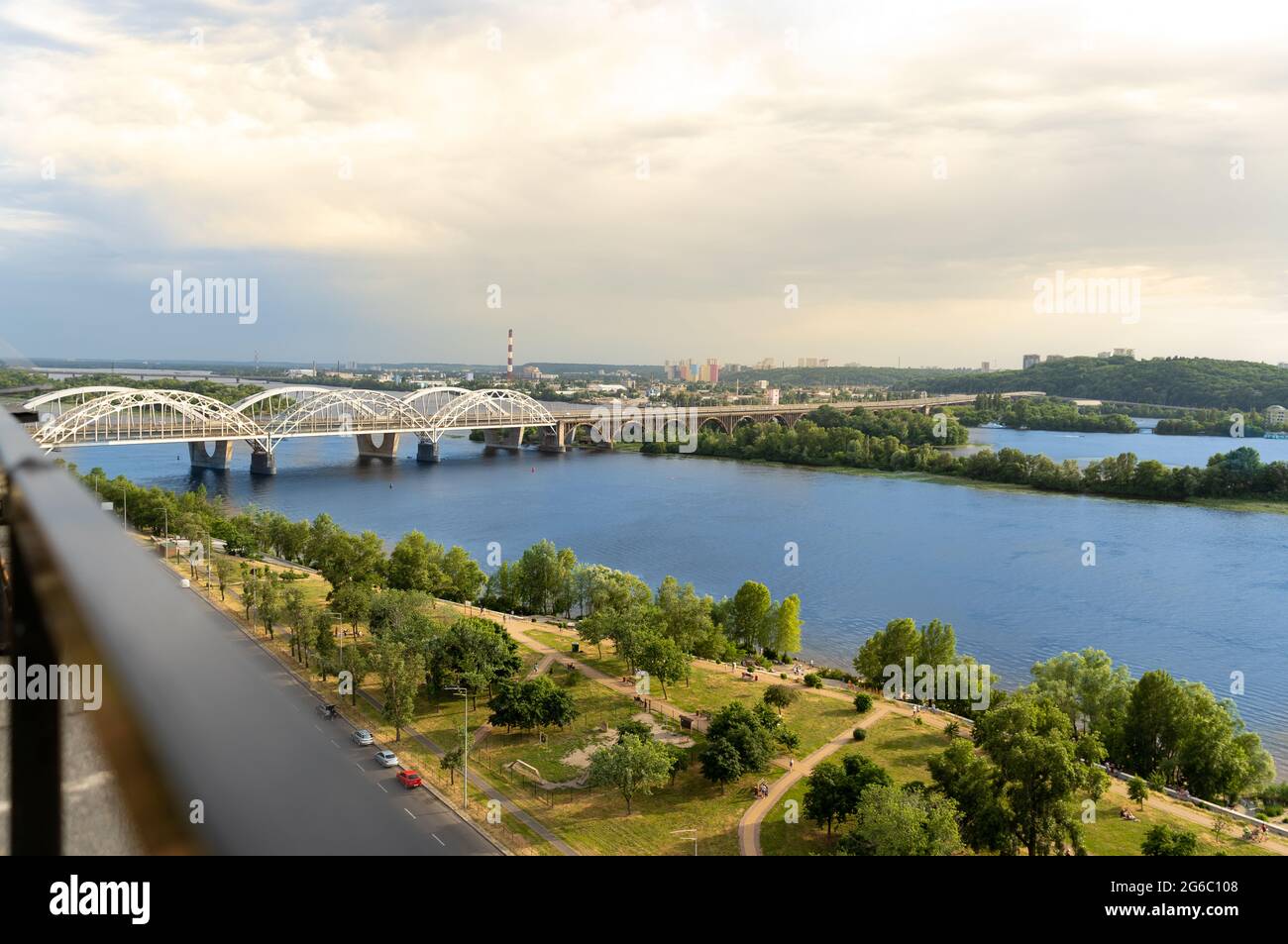 Panoramic view of the right bank of Kyiv. Dnieper river, evening and ...
