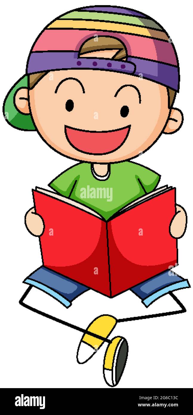 A doodle kid reading a book cartoon character isolated illustration ...