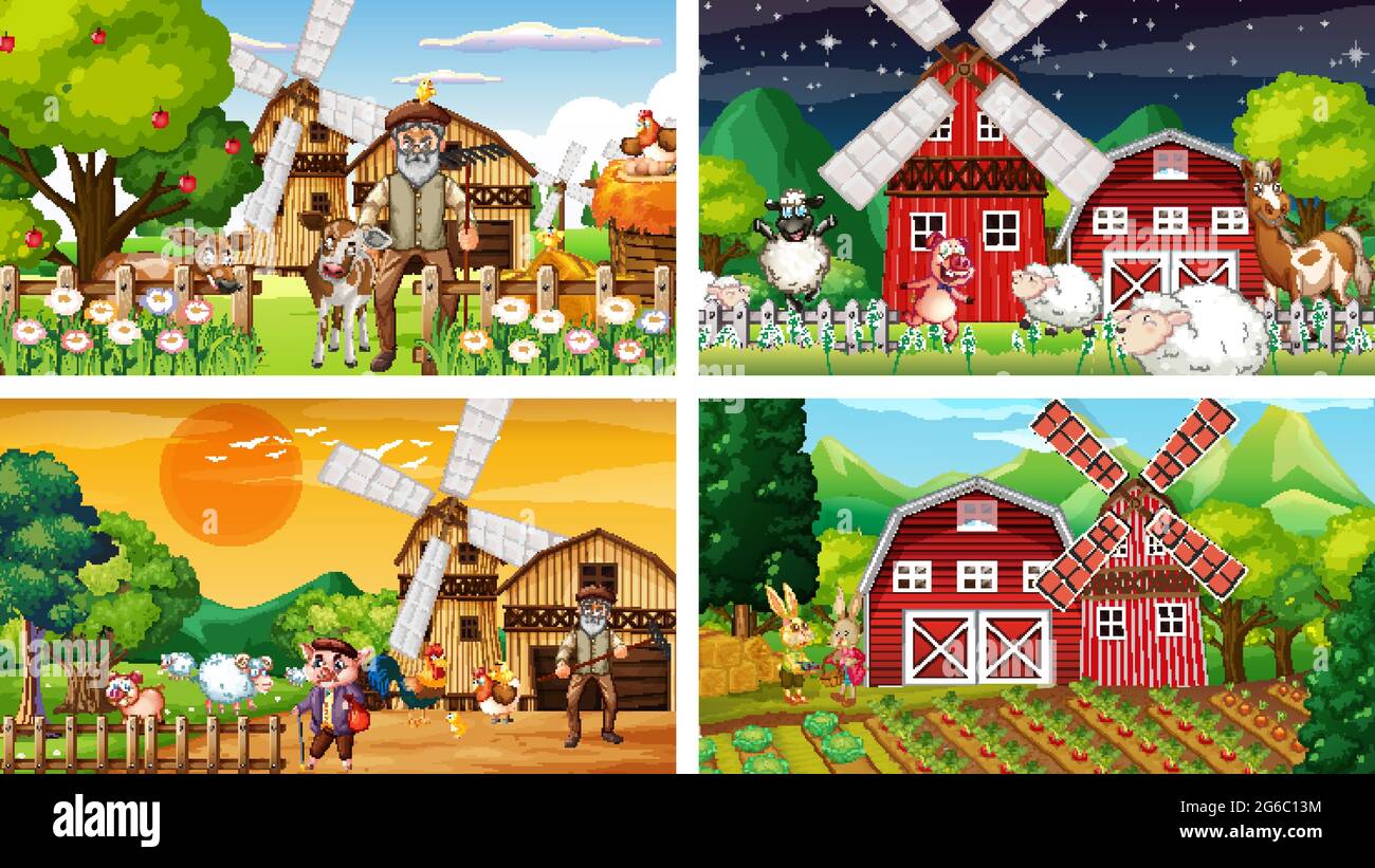 Different farm scenes with old farmer and animal cartoon character ...