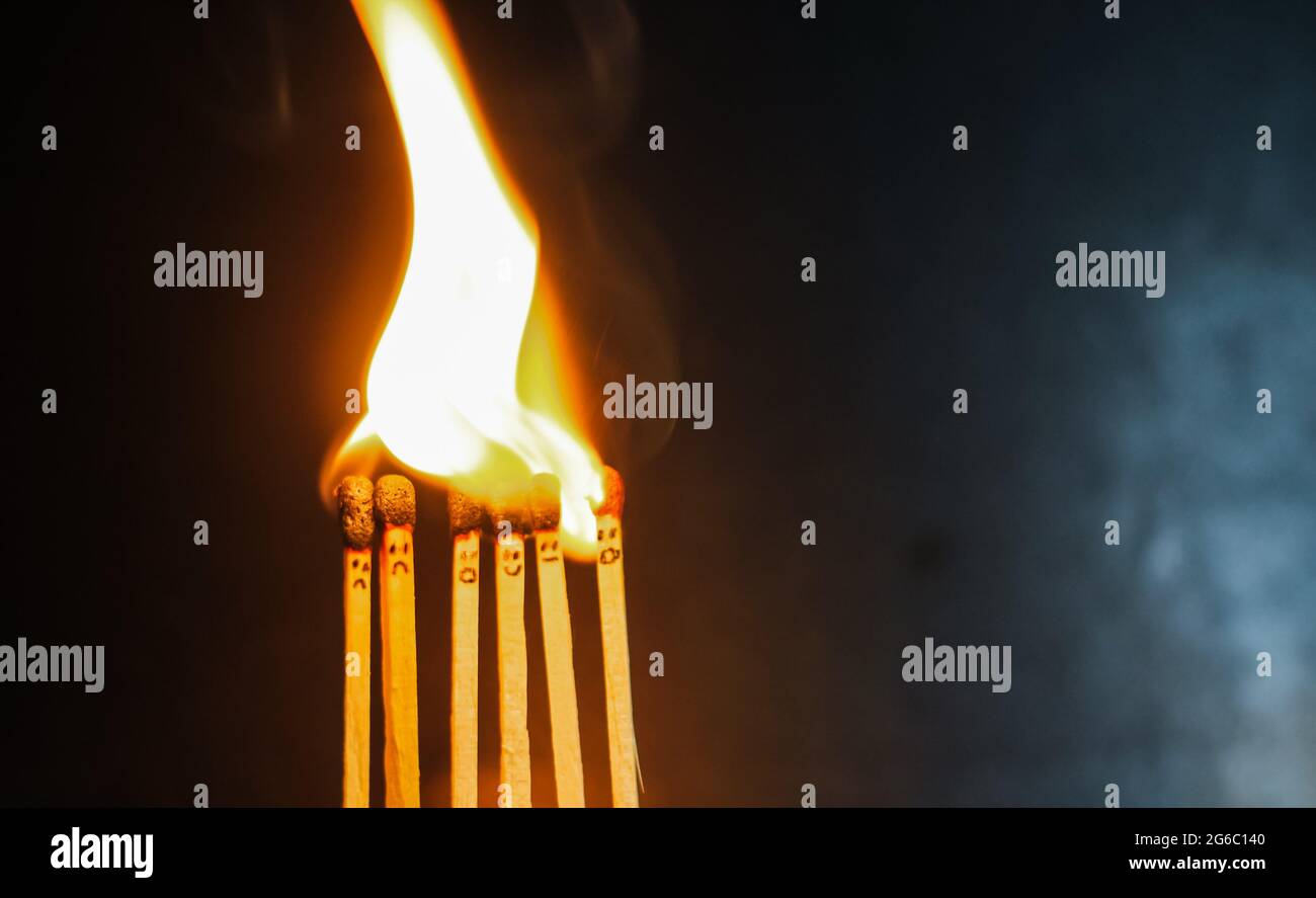 Group of a red match burning isolated with the background. Row burning ...
