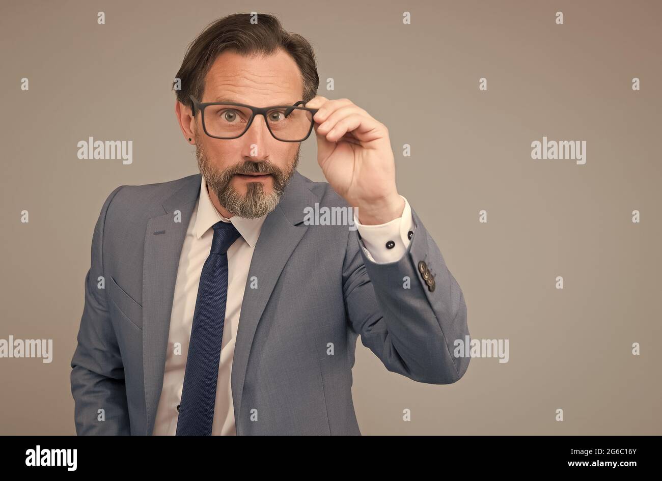 see clearly. lawyer completed his outfit with glasses. adult man has ...