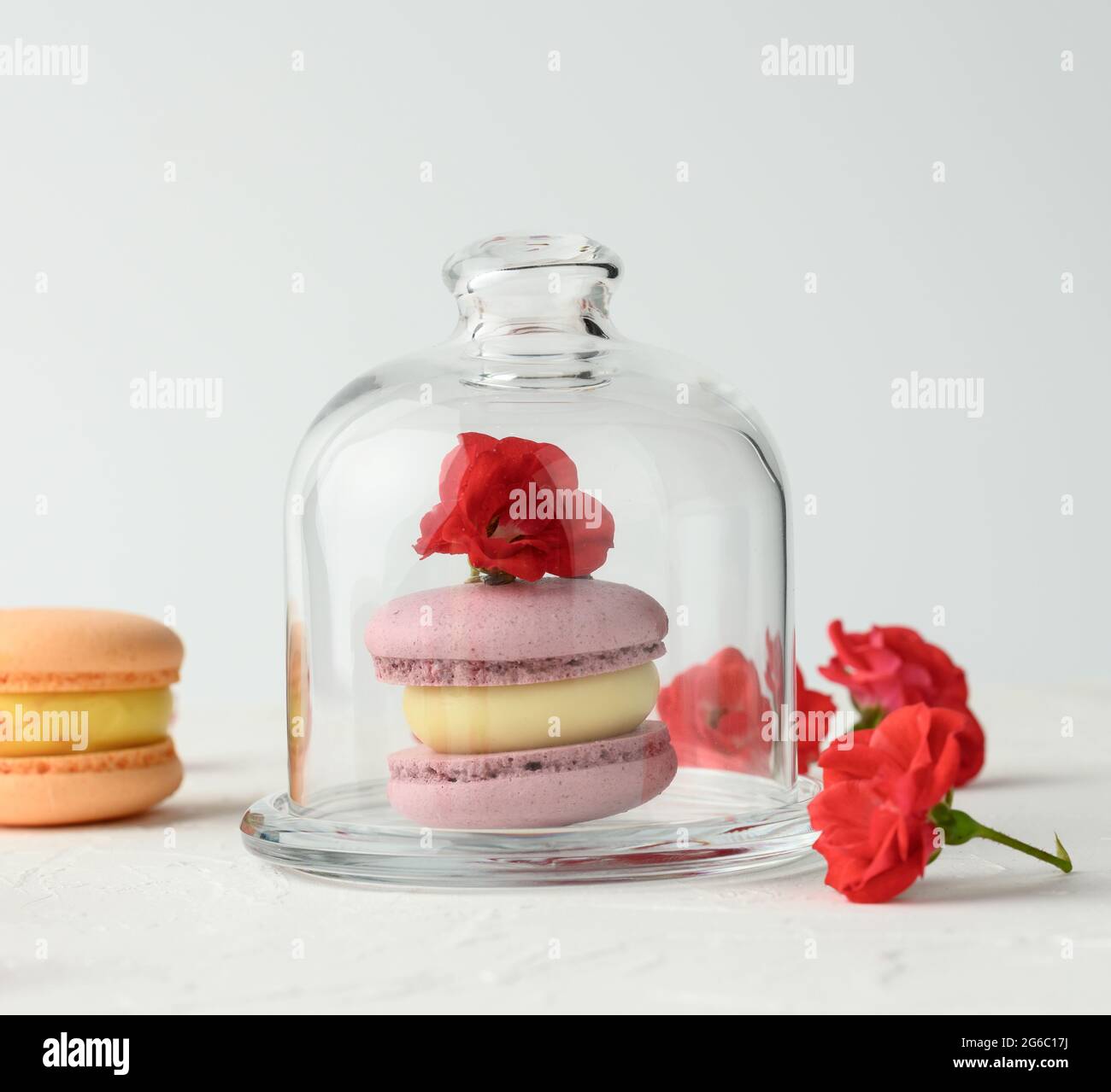 baked purple macarons lies under a transparent glass jar on a white ...