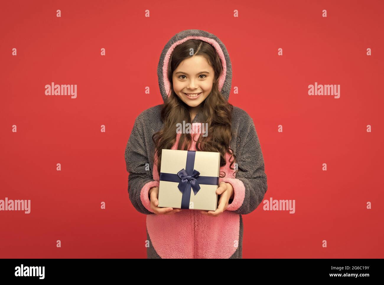 Happy Teenage Girl In Rabbit Kigurumi Pajamas Hold Present Box Happy