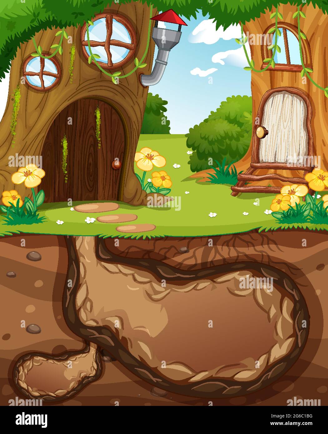 Underground animal hole with ground surface of the garden scene ...