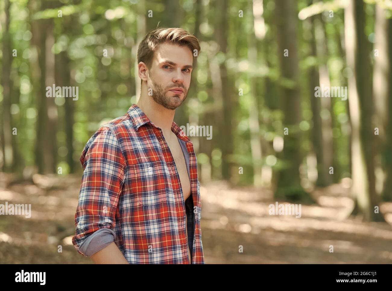 Welcome summer. Handsome guy on natural landscape. Summer vacation ...