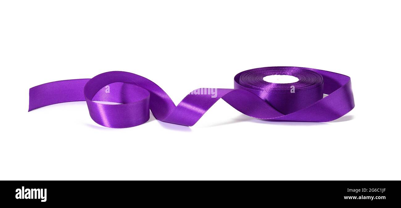 roll of silk purple ribbon, wrapping decor, white isolated background ...