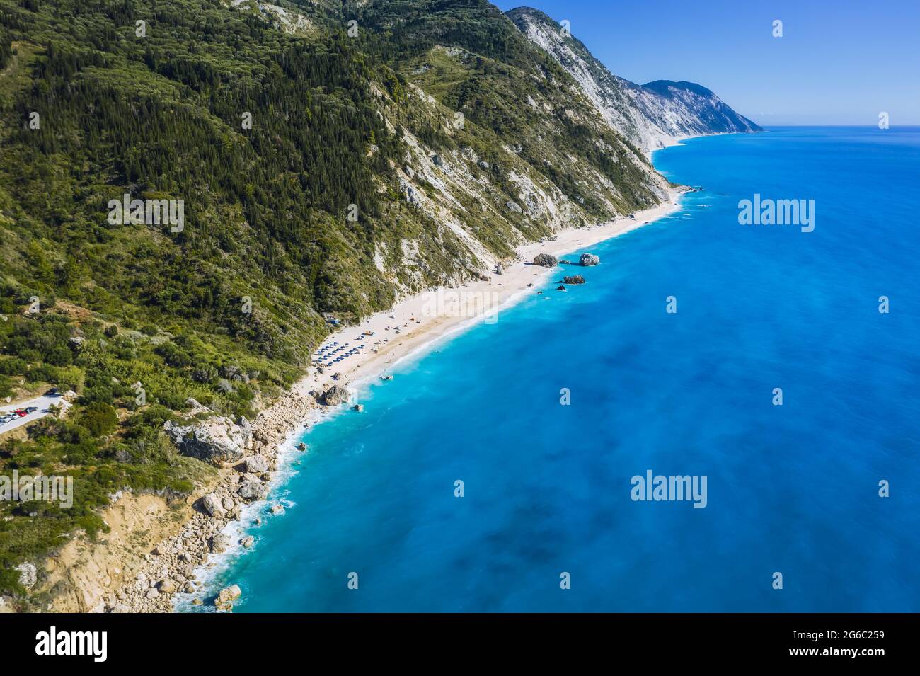 Aerial view of Kalamitsi beach with turquoise blue Ionian Sea, Lefkada ...
