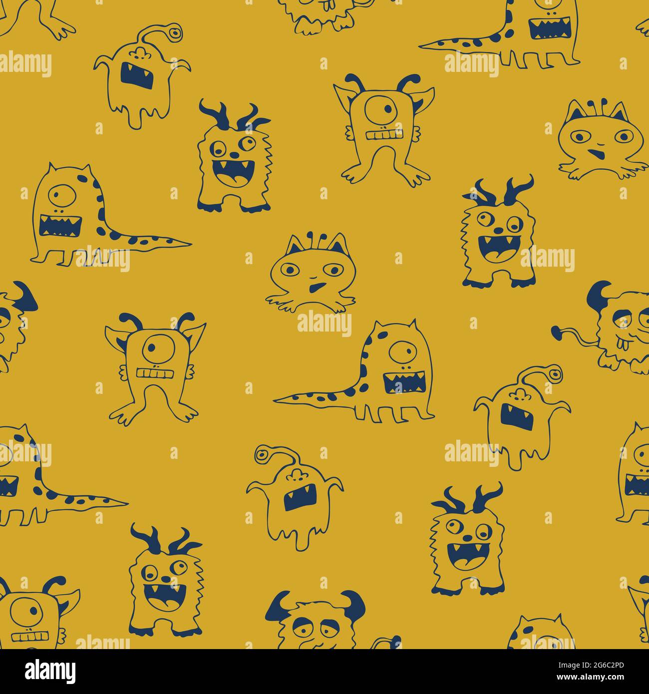 Seamless vector pattern with cartoon monsters on yellow background ...