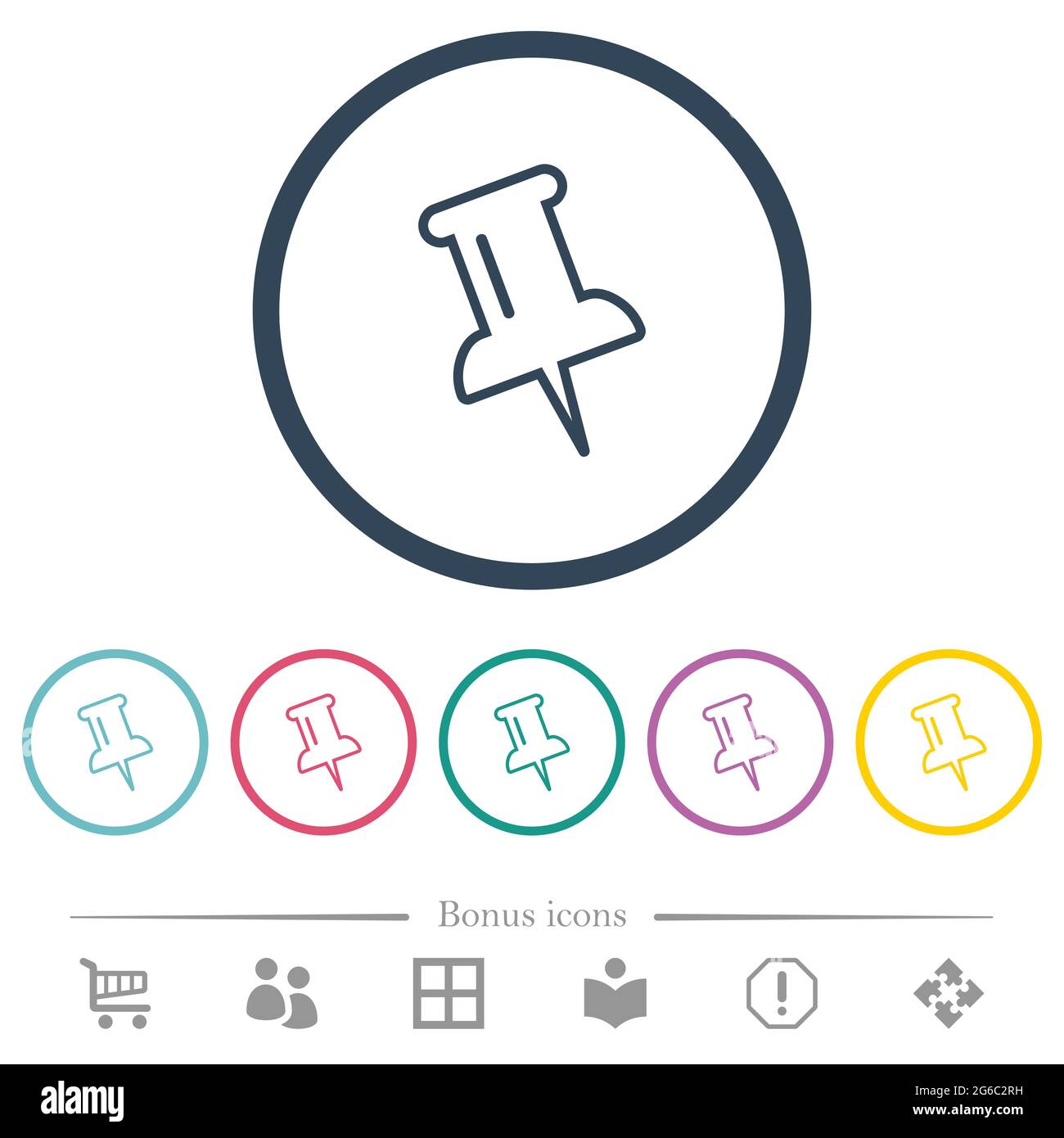 Push pin outline flat color icons in round outlines. 6 bonus icons ...