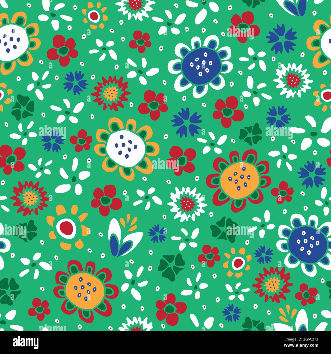 Seamless vector pattern with hand drawn flowers on green background ...
