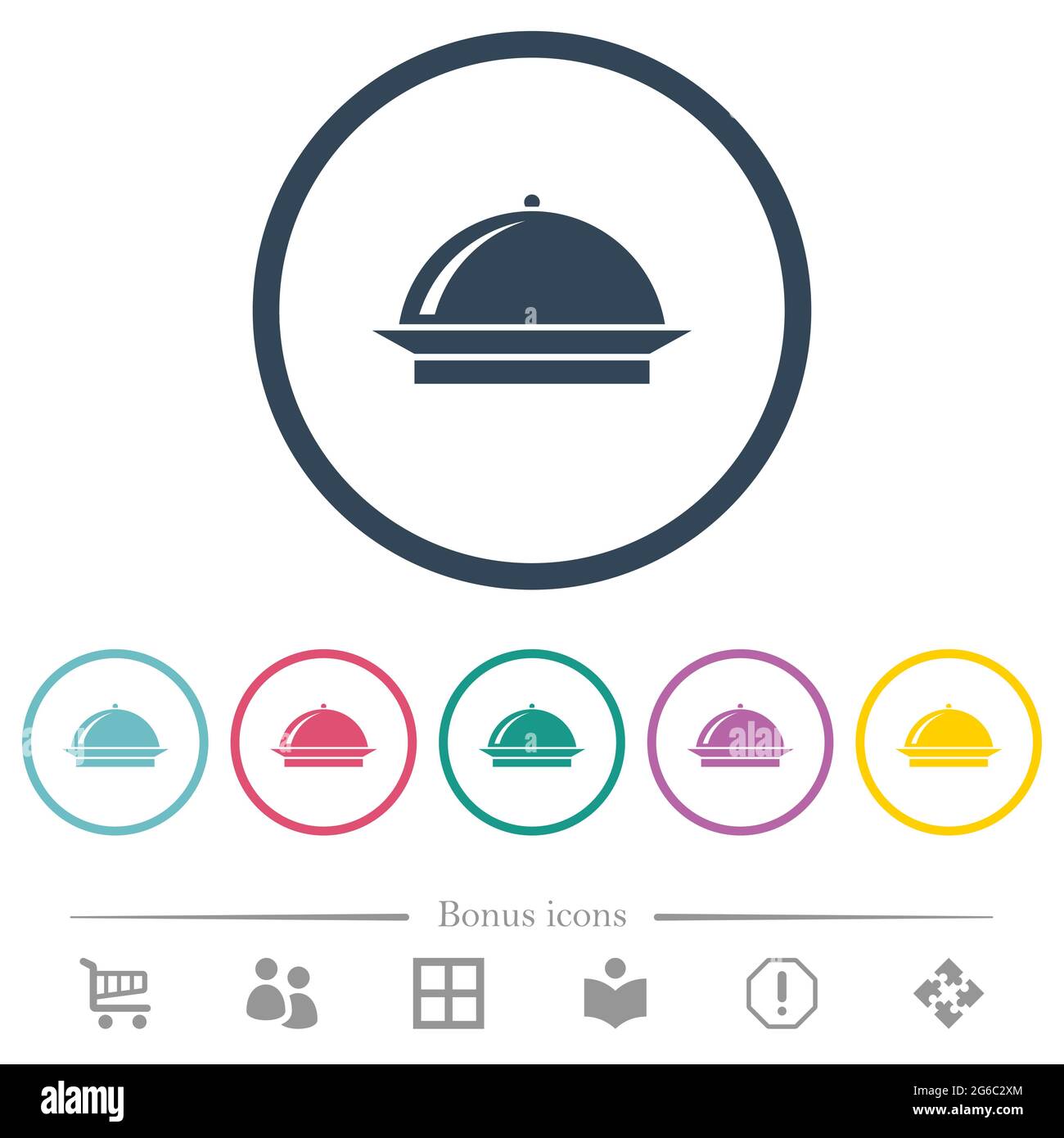 Food tray with gloss flat color icons in round outlines. 6 bonus icons ...