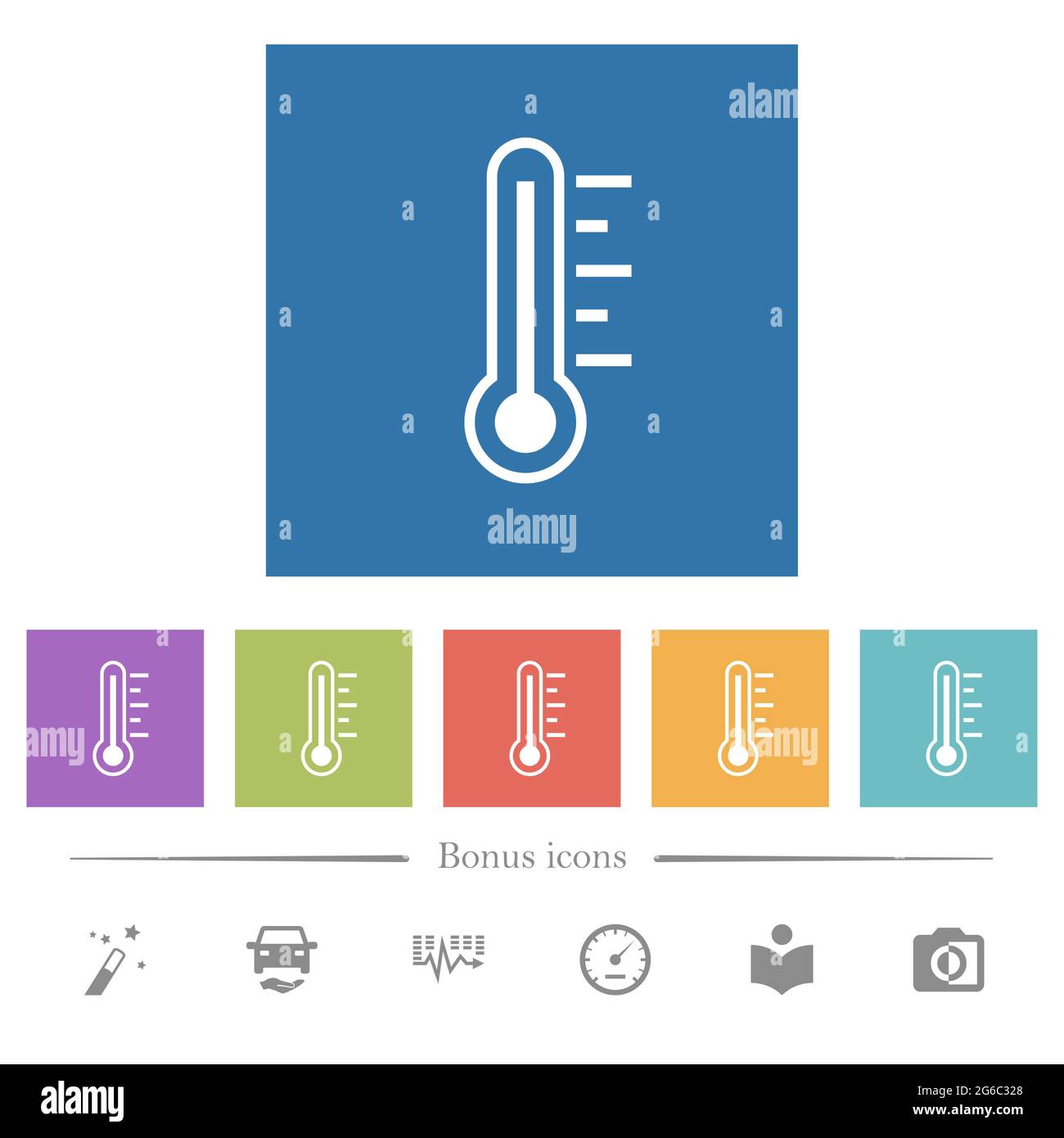 Thermometer warm temperature flat white icons in square backgrounds. 6 ...