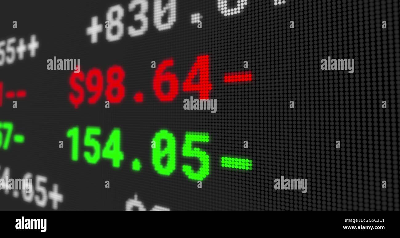 Image of stock exchange display board with numbers changing on black ...