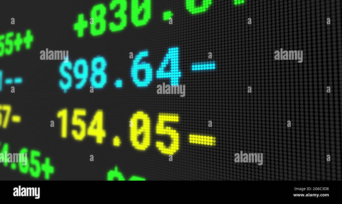 Image of stock exchange display board with numbers changing on black ...