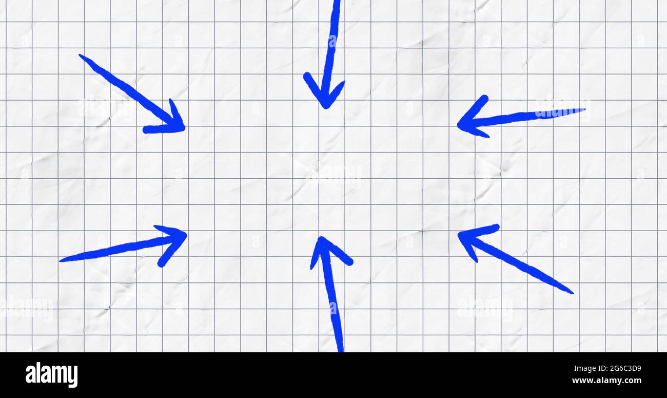 Image of six blue arrows pointing inwards on white squared paper Stock ...