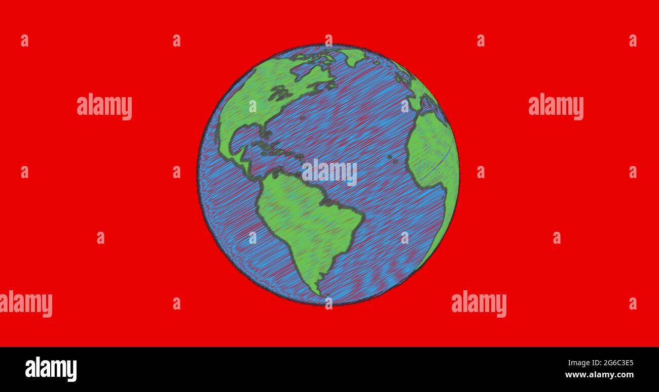 Image of planet earth in blue and green spinning on red background ...