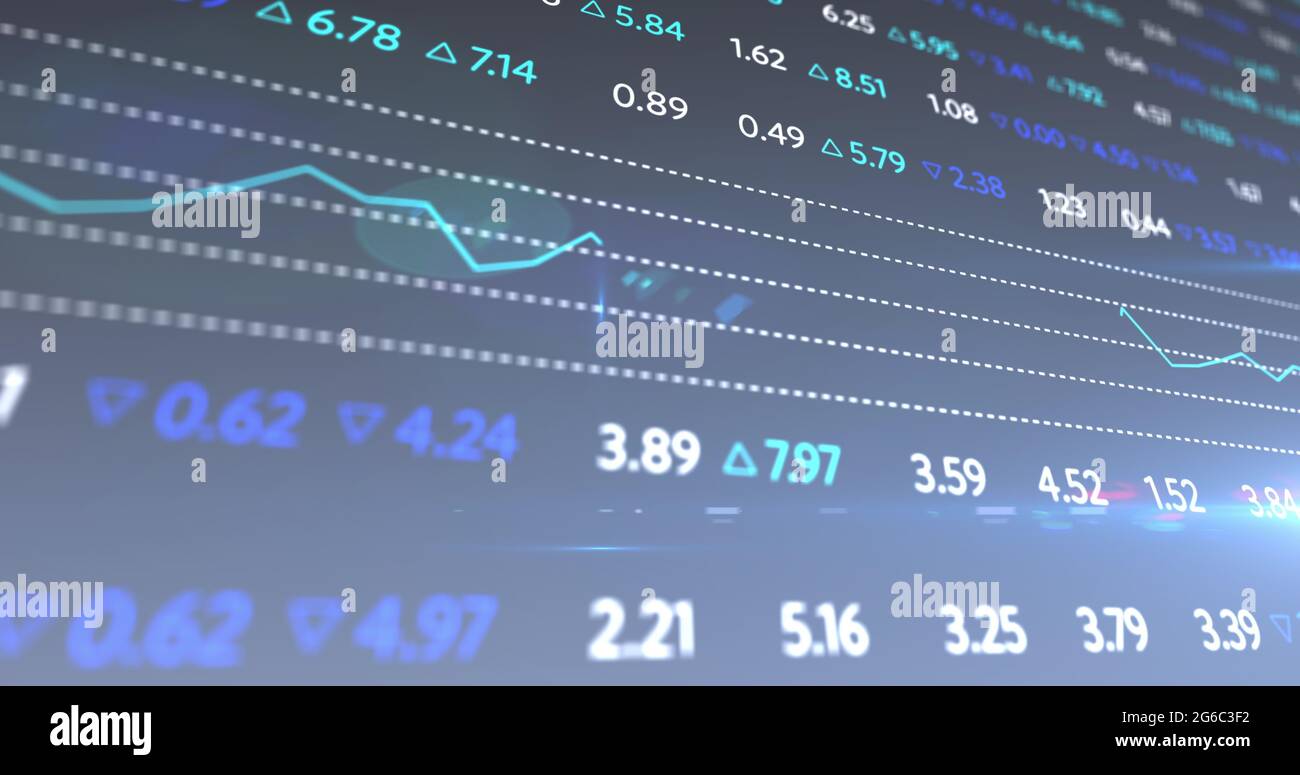 Image of stock exchange display board with numbers changing on blue ...