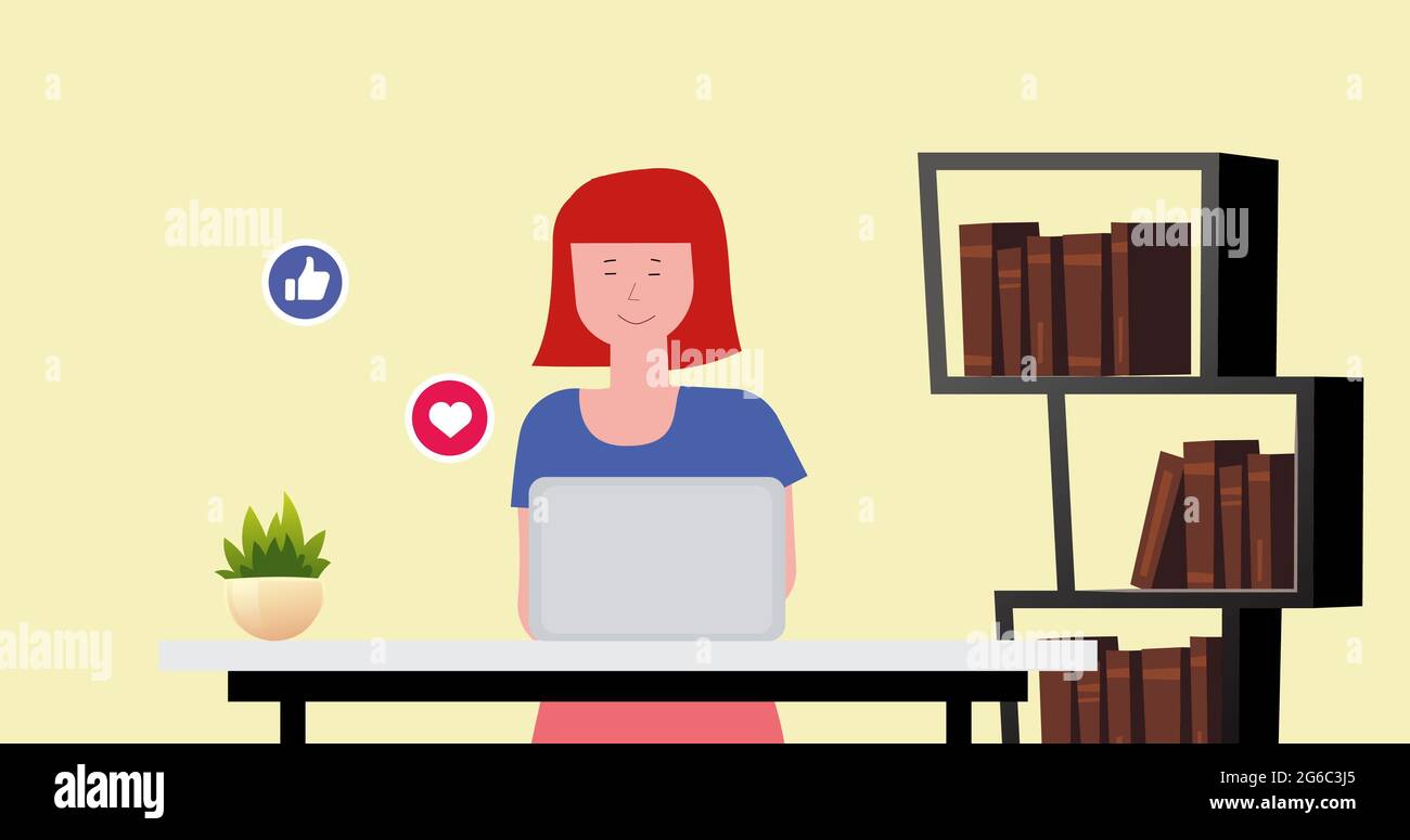 Image of woman using laptop with emoji icons Stock Photo - Alamy