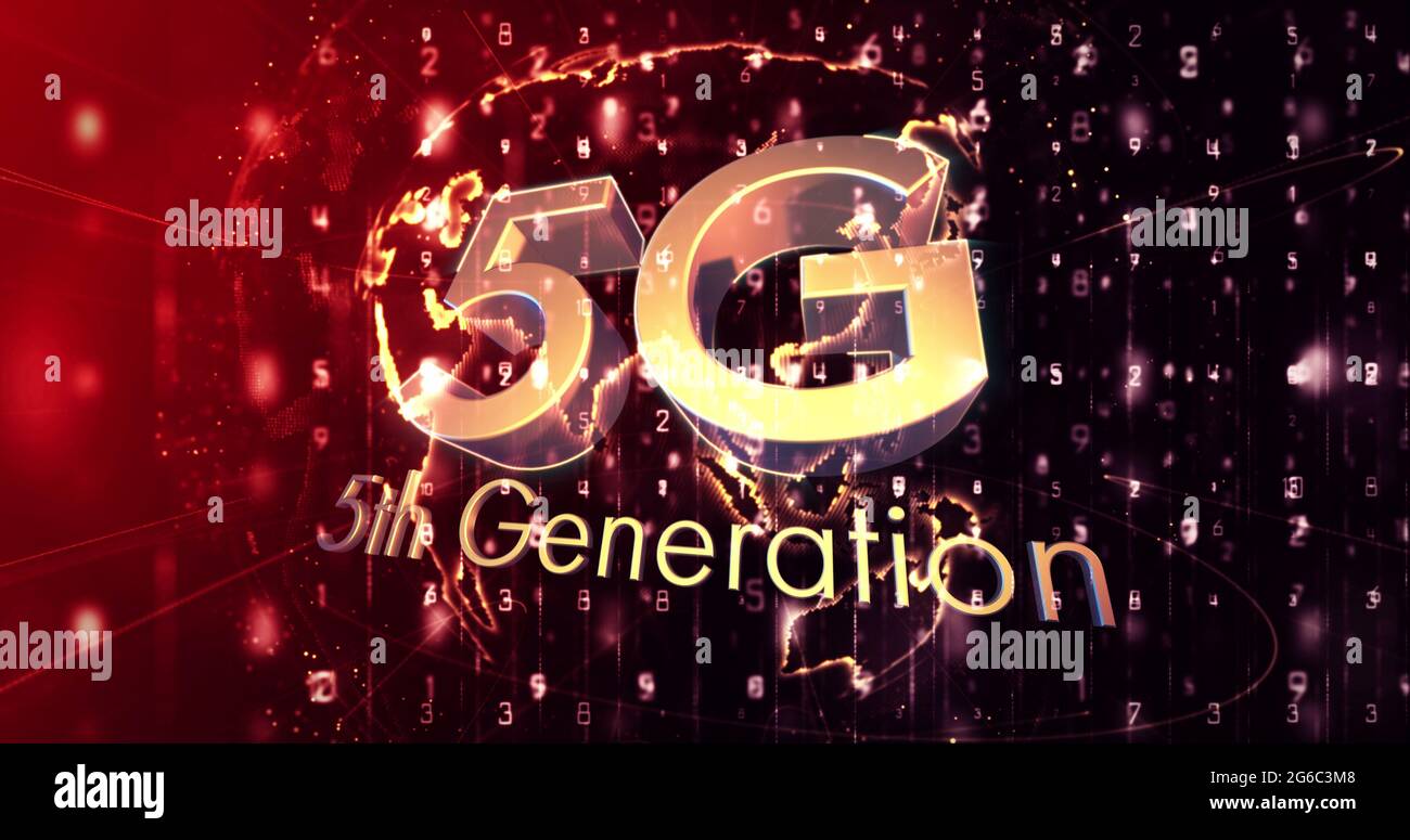 Image of 5g 5th generation text over spinning globe and numbers changing Stock Photo - Alamy