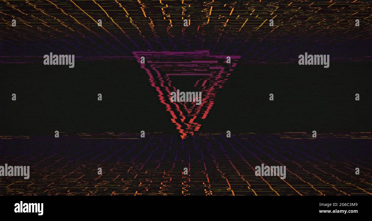 Image of glowing neon pink triangles and grid flickering on seamless ...