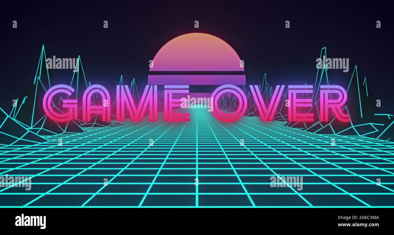 Image of neon flickering game over text over glowing pink sun and blue ...