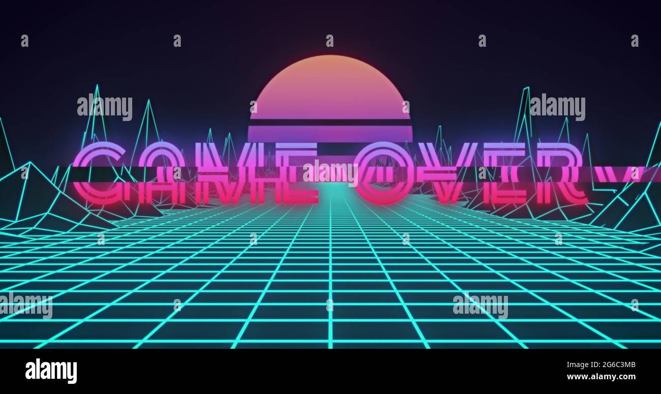 Image of neon flickering game over text over glowing pink sun and blue ...