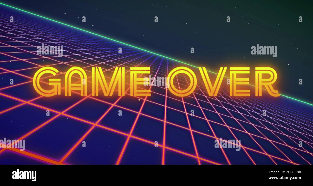 Image of neon flickering game over text over glowing pink grid Stock ...