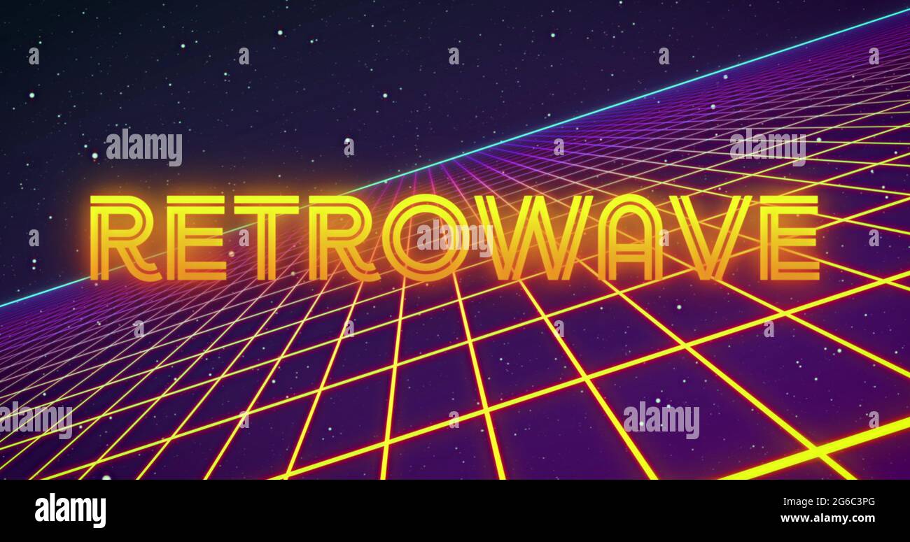 Image of neon retrowave text flickering over glowing yellow grid in ...