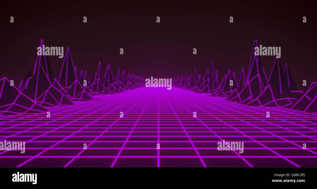 Image of glowing pink grid and map with mountains moving on seamless ...
