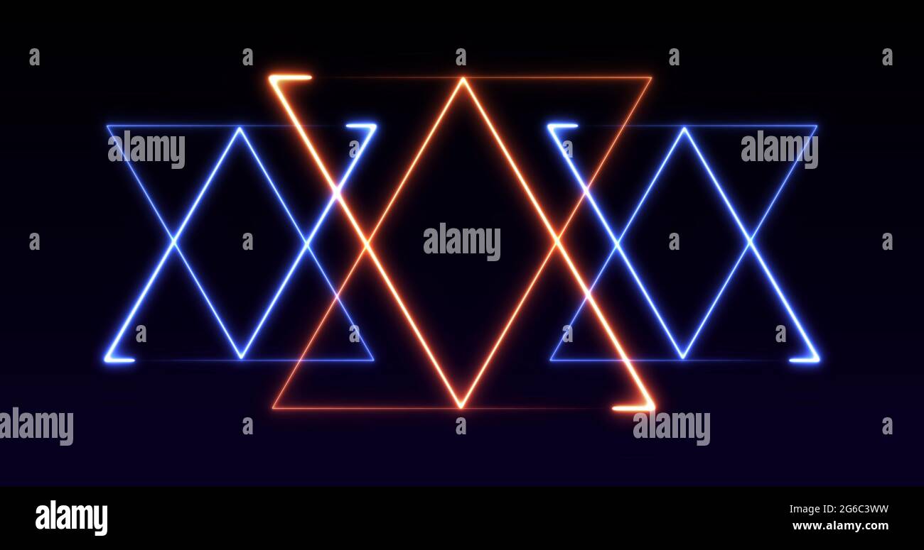 Image of glowing neon blue and orange triangles moving on seamless loop ...