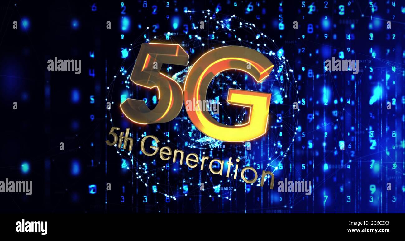 Image of 5g 5th generation text over glowing globe spinning and numbers ...
