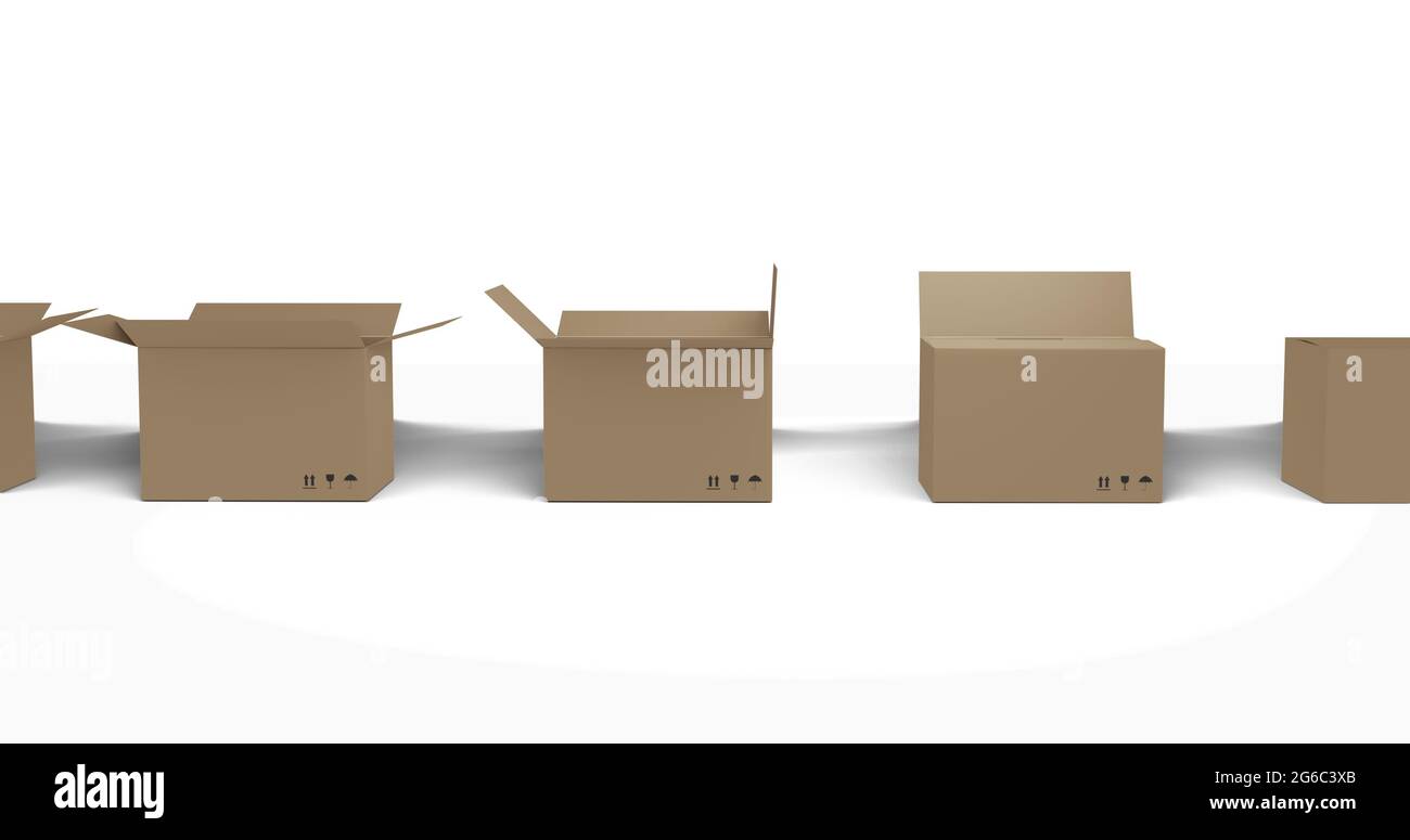 Seamless row of brown cardboard boxes with lids closing on white ...