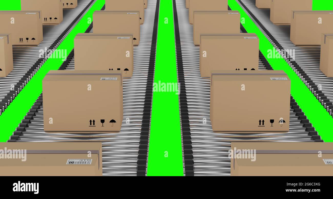 Rows of cardboard packing boxes moving on conveyor belts with green ...