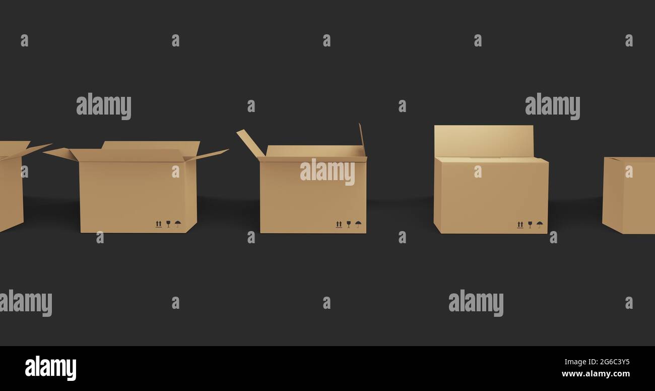 Seamless row of brown cardboard boxes with lids closing on black ...