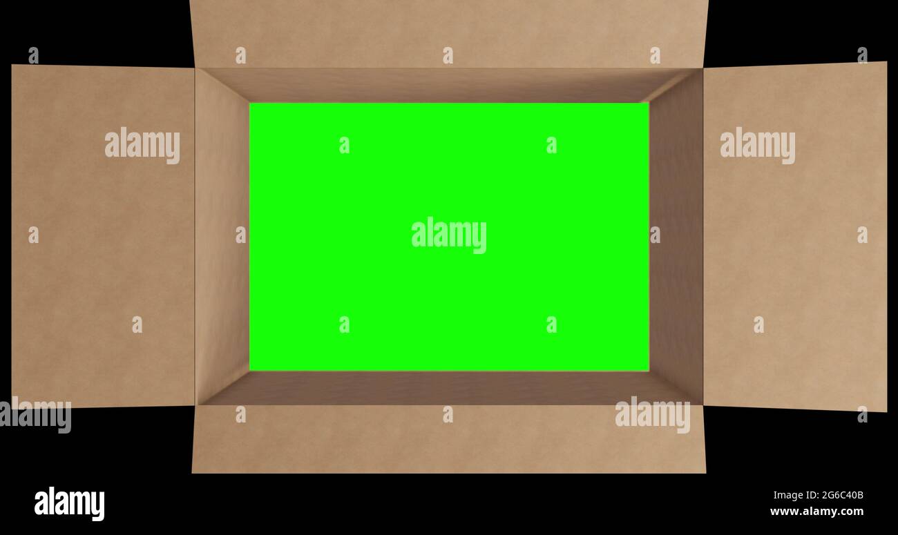 Overhead of green screen in brown cardboard box with lid closing on ...