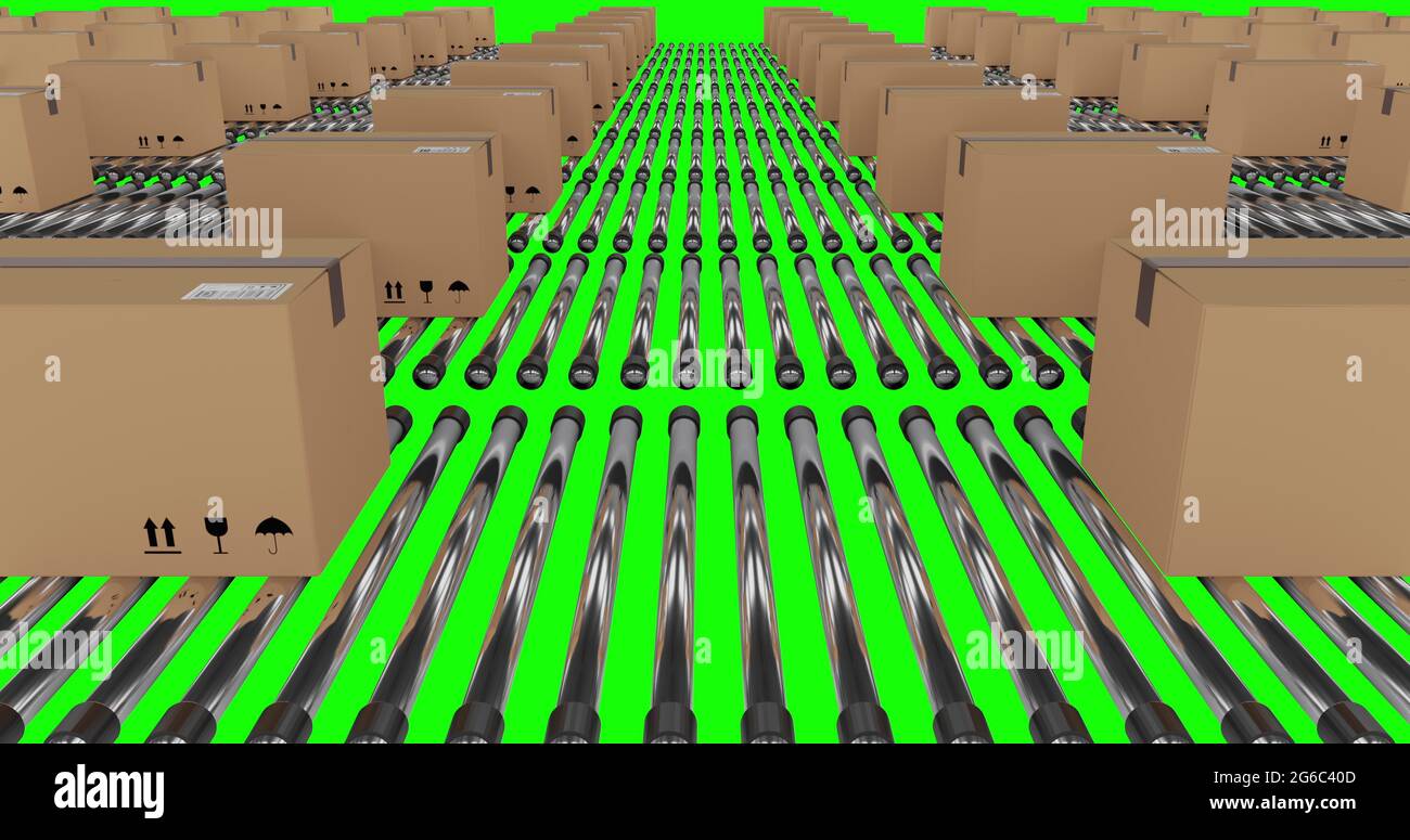 Rows of cardboard packing boxes moving on conveyor belts Stock Photo ...