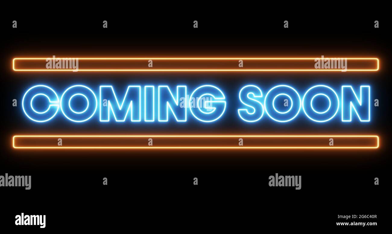 Image of glowing neon blue coming soon text with bars flickering on ...