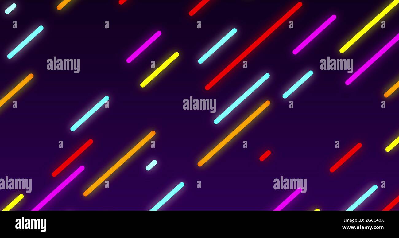 Image of multiple multi colored glowing neon diagonal lines moving on ...