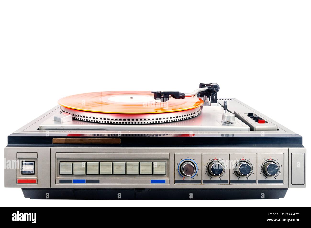 Vintage turntable record player with red vinyl isolated on white ...