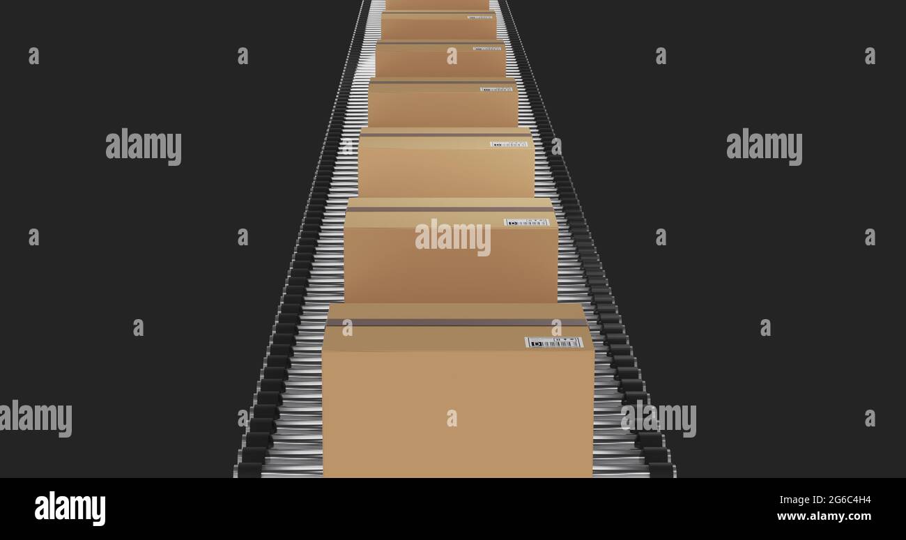 Single row of cardboard packing boxes moving on conveyor belt with ...