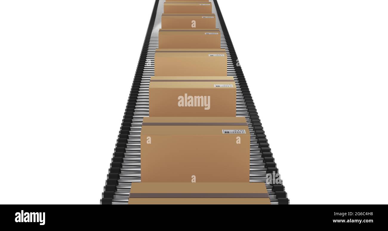 Single row of cardboard packing boxes moving on conveyor belt with ...