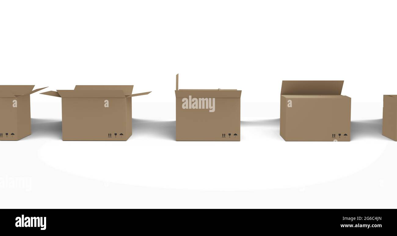 Seamless row of brown cardboard boxes with lids opening on white ...