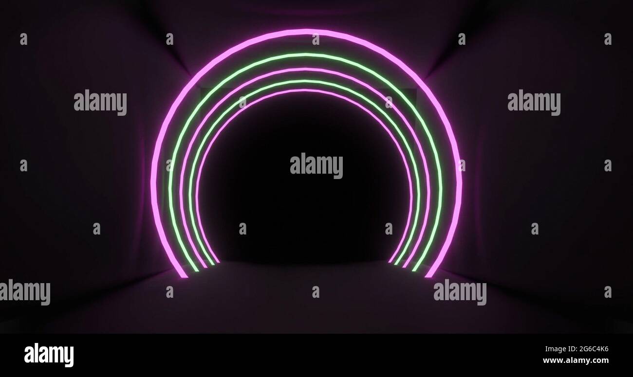 Concetric pink and yellow neon light arches pulsating on a black ...