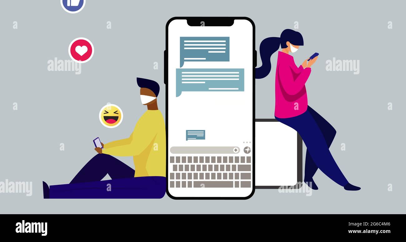 Image of people in face masks using electronic devices with screen ...