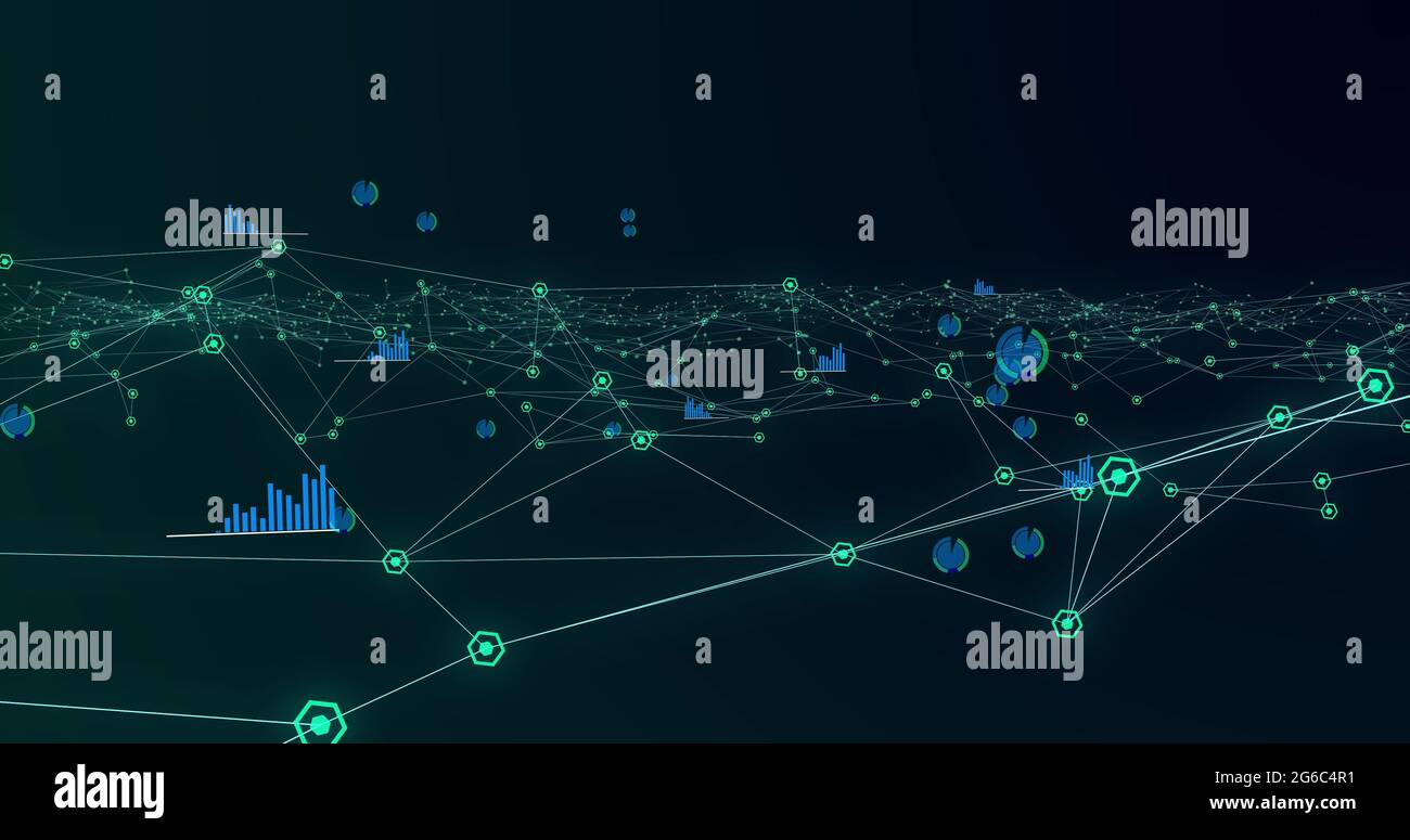 Glowing network of connections and graphs moving against black ...