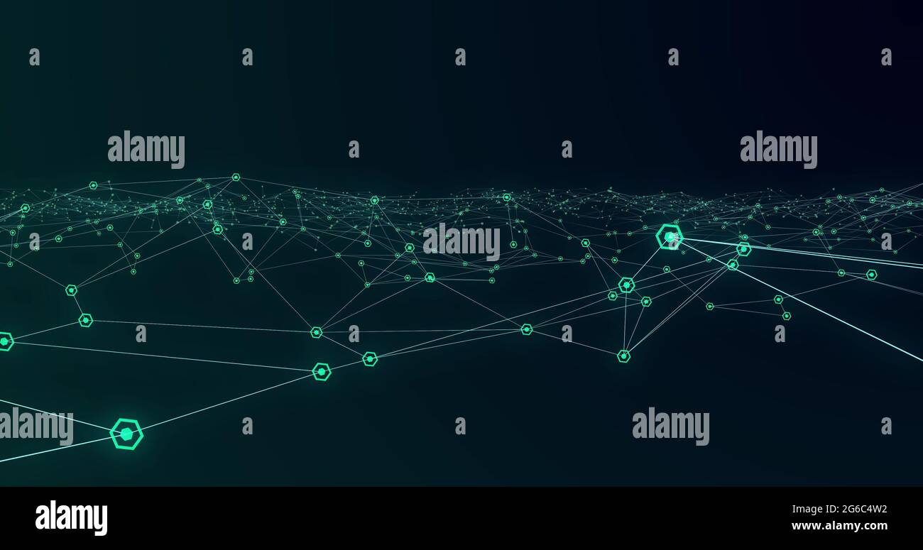 Glowing network of connections and graphs moving against black ...