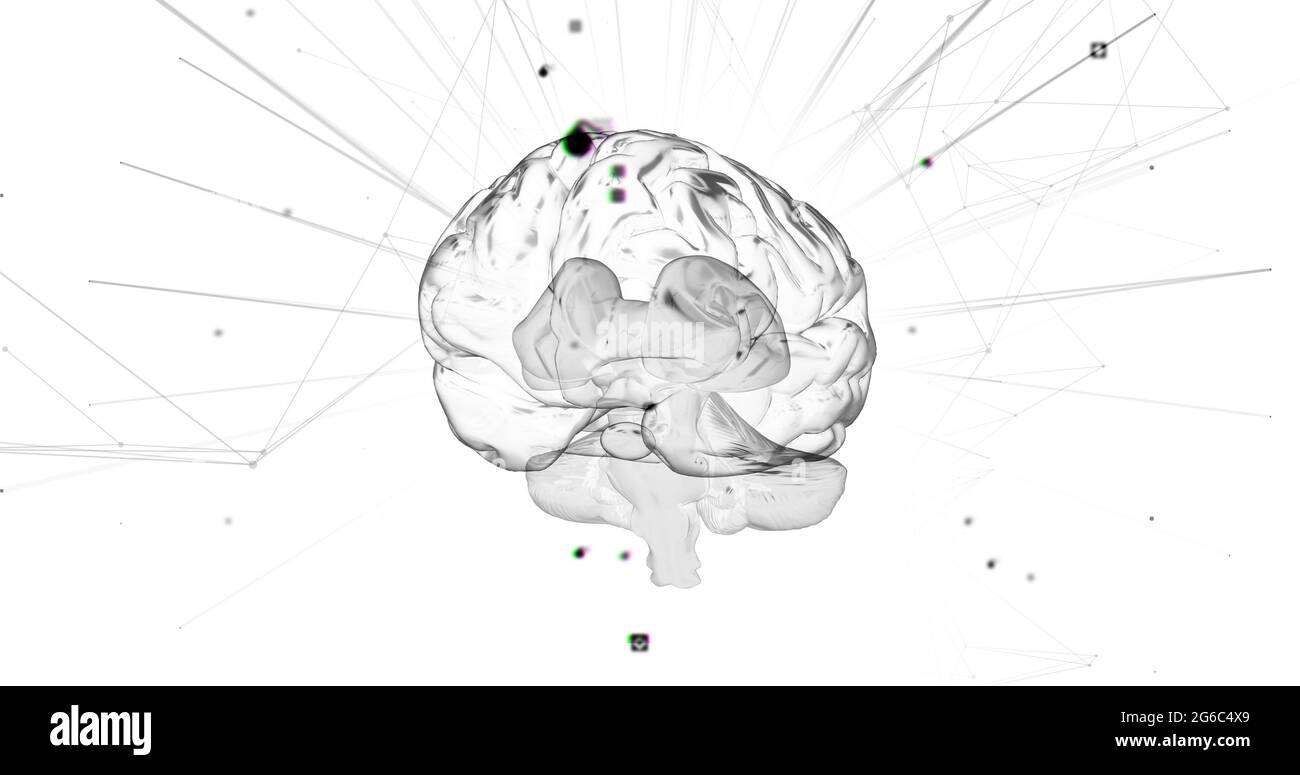Spinning brain against flickering light trails on white background ...