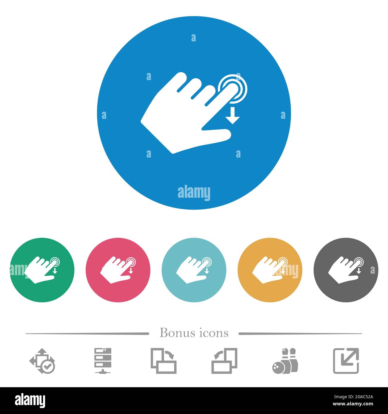 Left handed slide down gesture flat white icons on round color ...